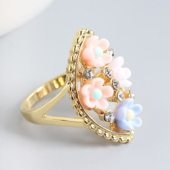 Jewelry | Handmade Colorful Floral Flowers Gold Tone Ring | Poshmark